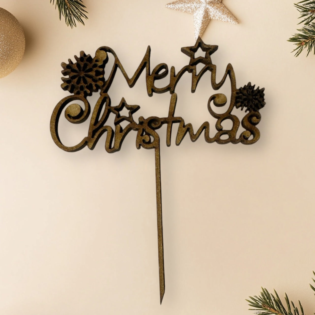 Merry Christmas Cake Topper - MDF -85mm x 95mm | Christmas | Xmas | Re